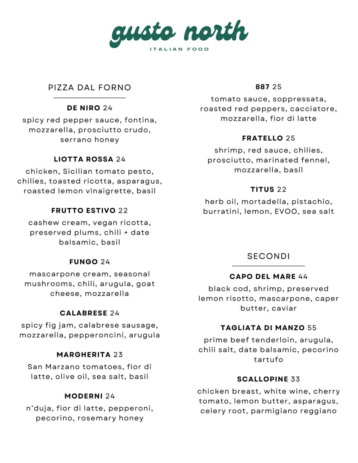 Dinner Menu - Gusto North