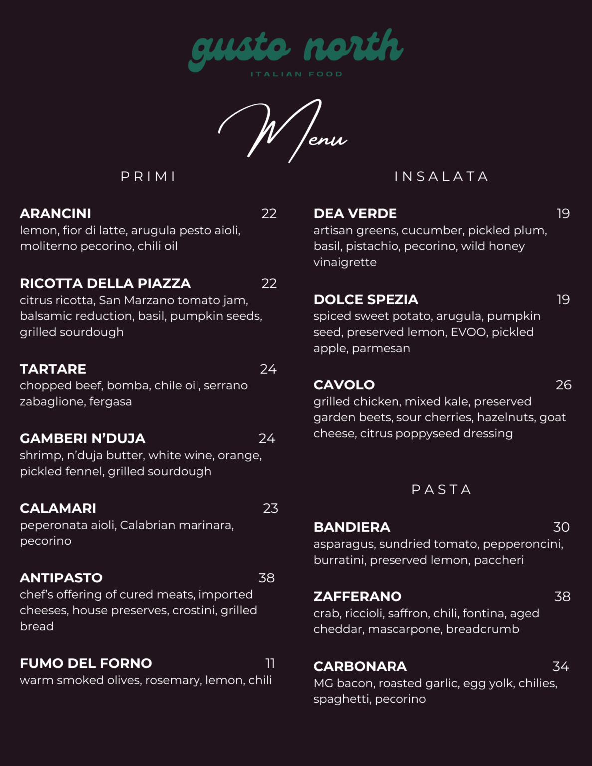 Dinner Menu - Gusto North