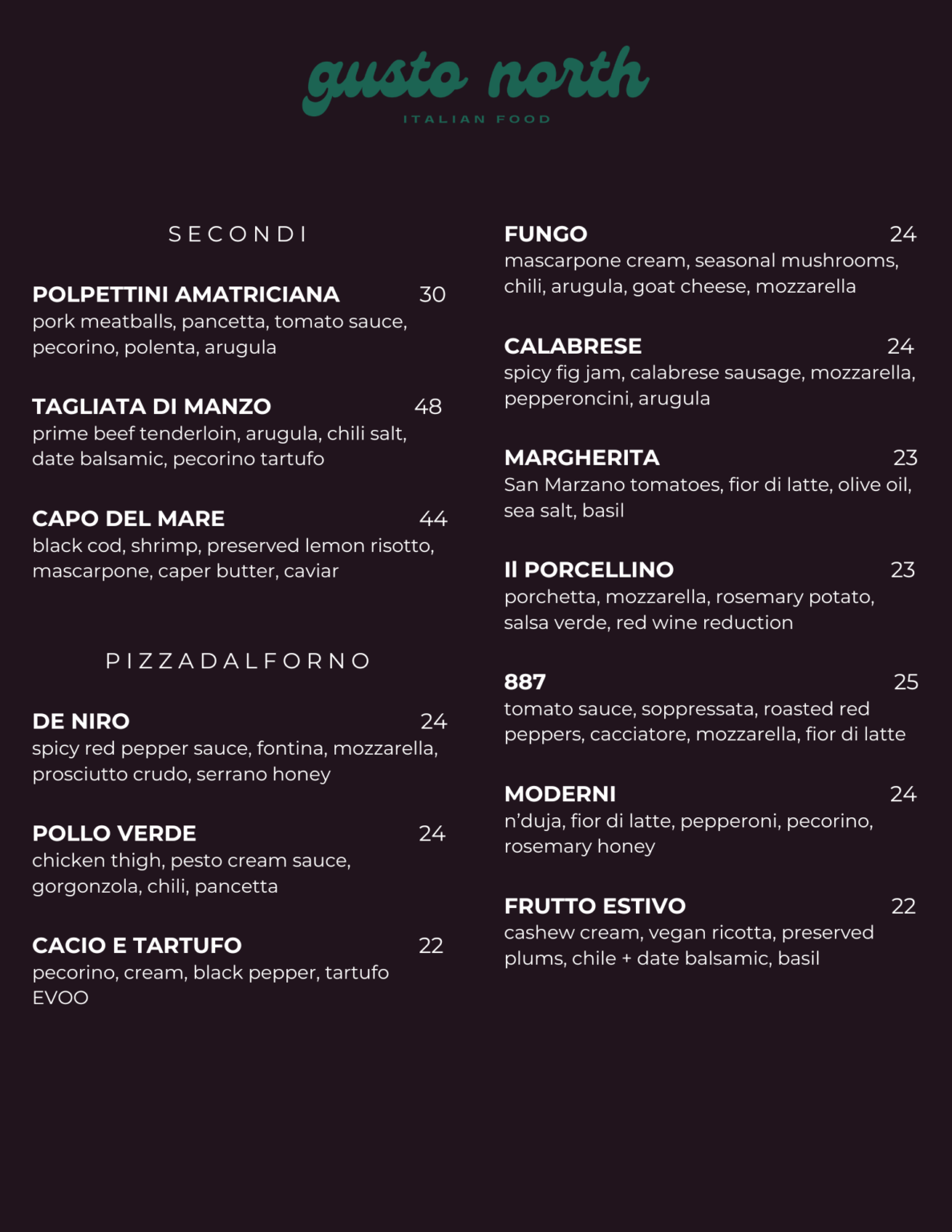 Dinner Menu - Gusto North